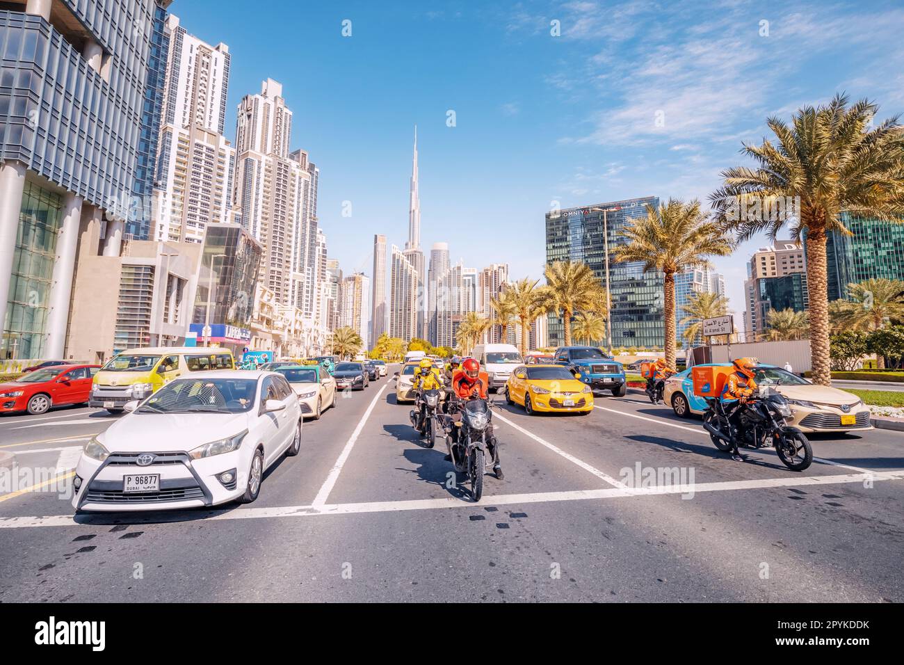 18 January 2023, Dubai, UAE: Car traffic on a busy street road with ...