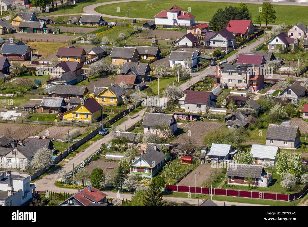 panoramic aerial view of private development with country houses or ...