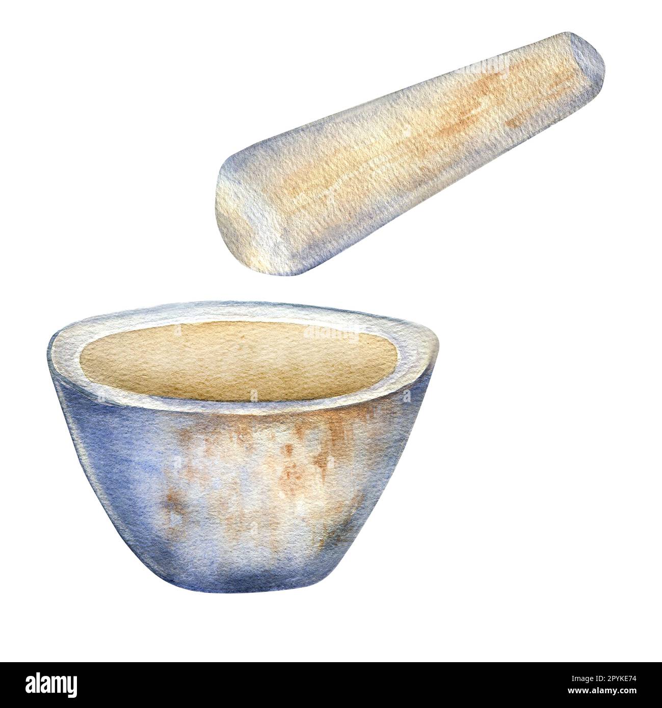 Stone mortar and pestle watercolor illustration isolated on white. Bowl ...