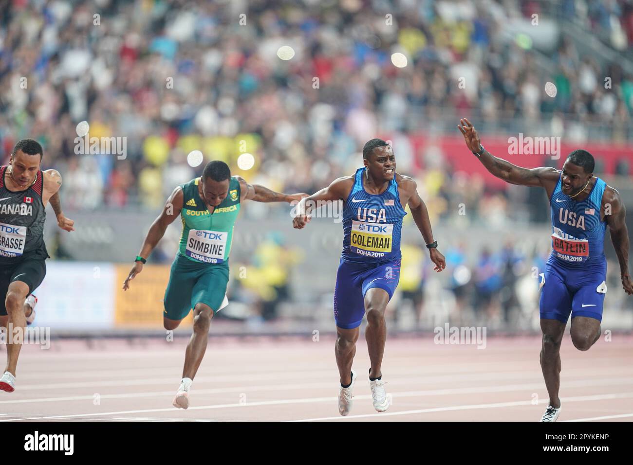 Christian Coleman running the 100m at the 2019 World Athletics ...