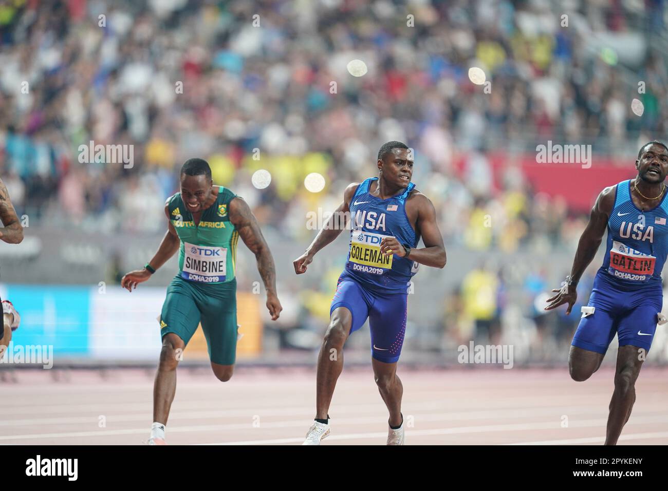 Christian Coleman running the 100m at the 2019 World Athletics ...