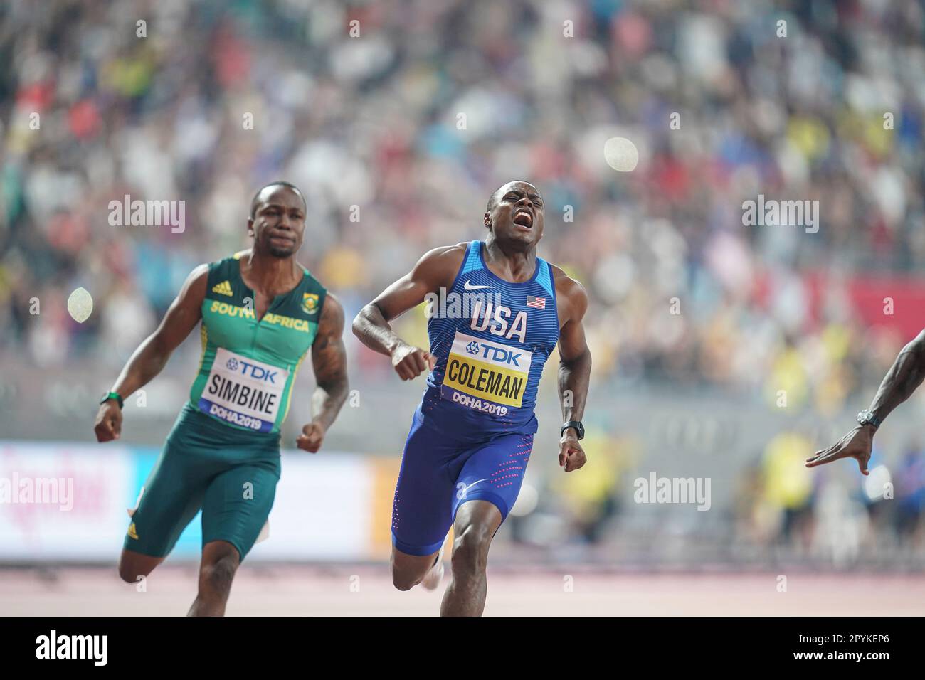 Christian Coleman running the 100m at the 2019 World Athletics ...
