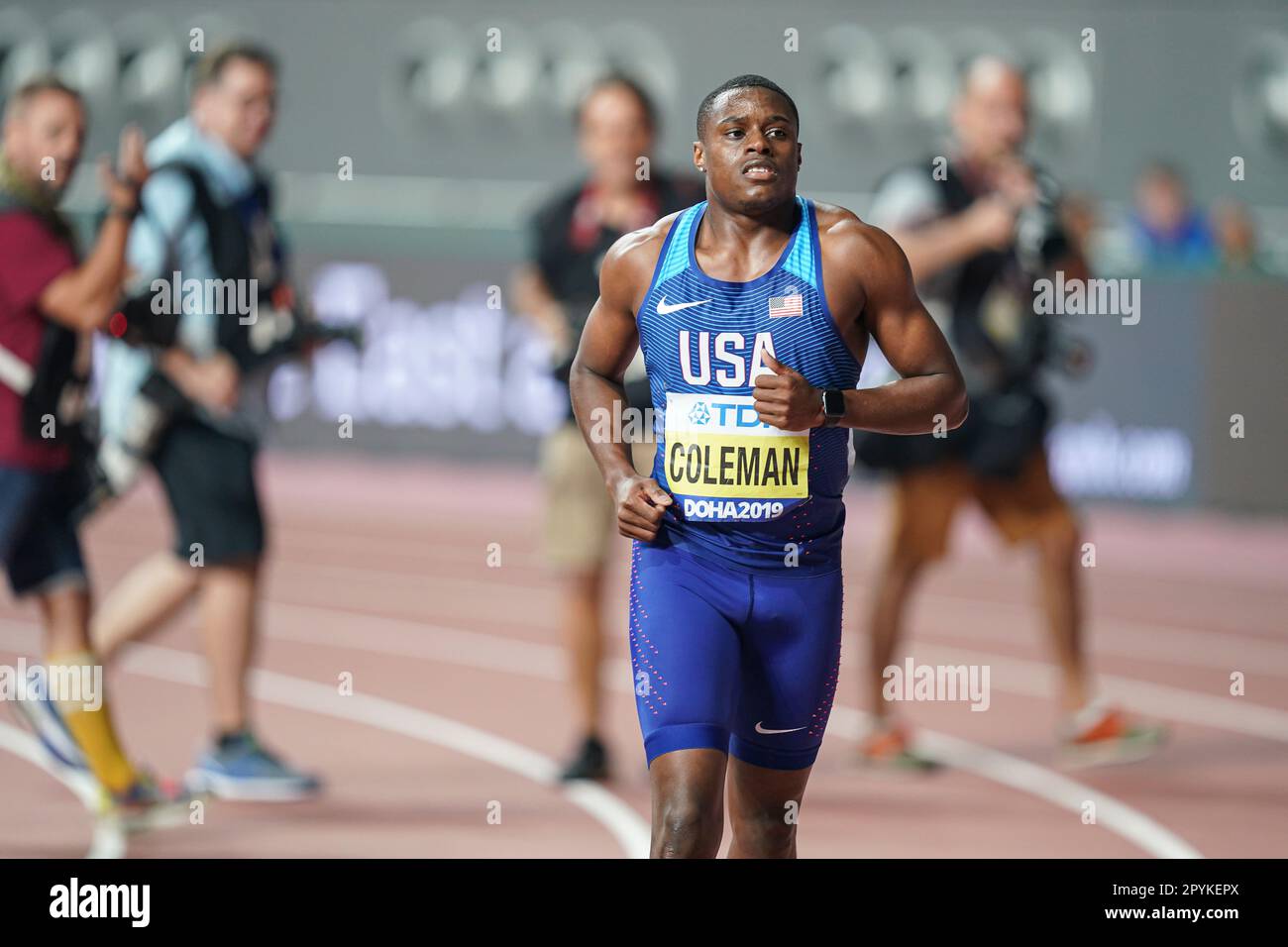 Christian Coleman running the 100m at the 2019 World Athletics ...