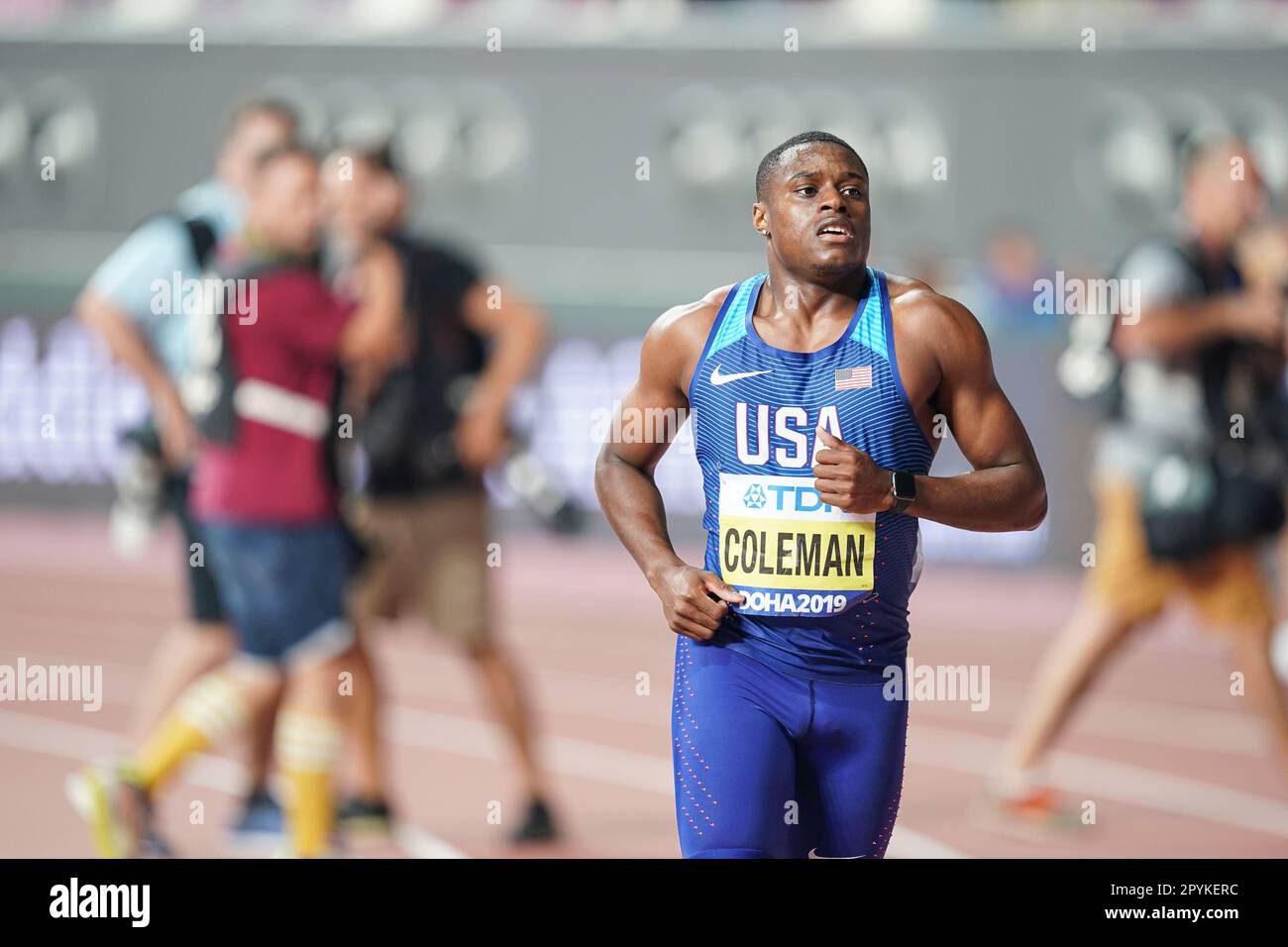 Christian Coleman running the 100m at the 2019 World Athletics ...