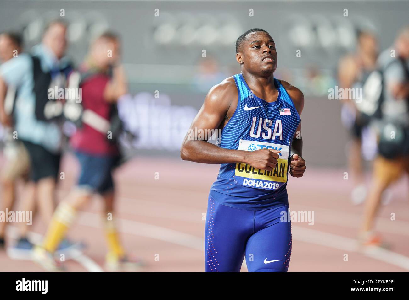Christian Coleman running the 100m at the 2019 World Athletics ...