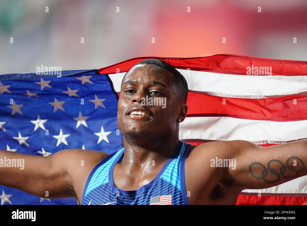 Christian Coleman running the 100m at the 2019 World Athletics ...