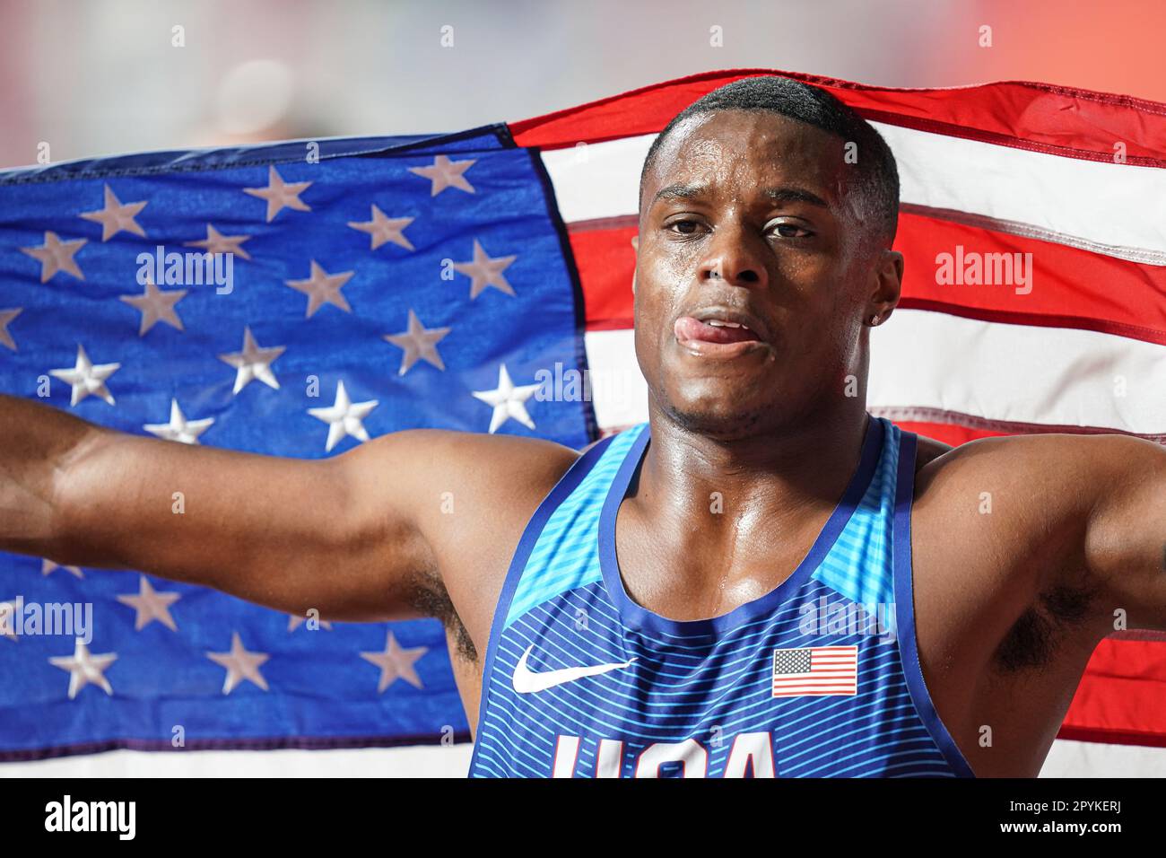 Christian Coleman running the 100m at the 2019 World Athletics ...