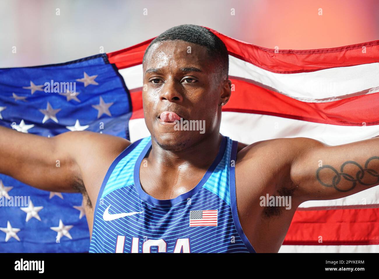 Christian Coleman running the 100m at the 2019 World Athletics ...