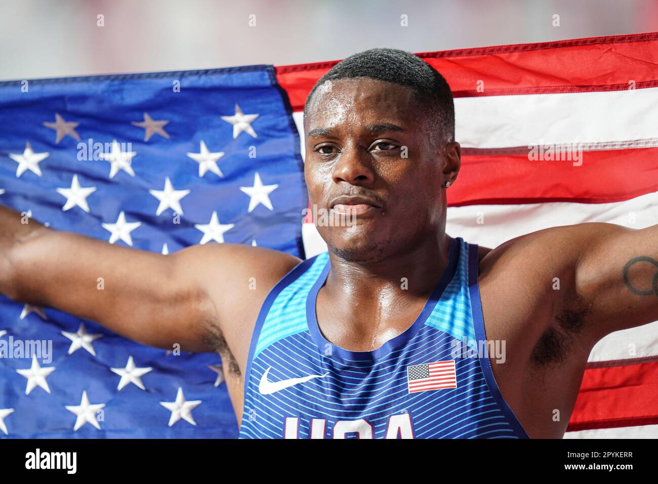 Christian Coleman running the 100m at the 2019 World Athletics ...