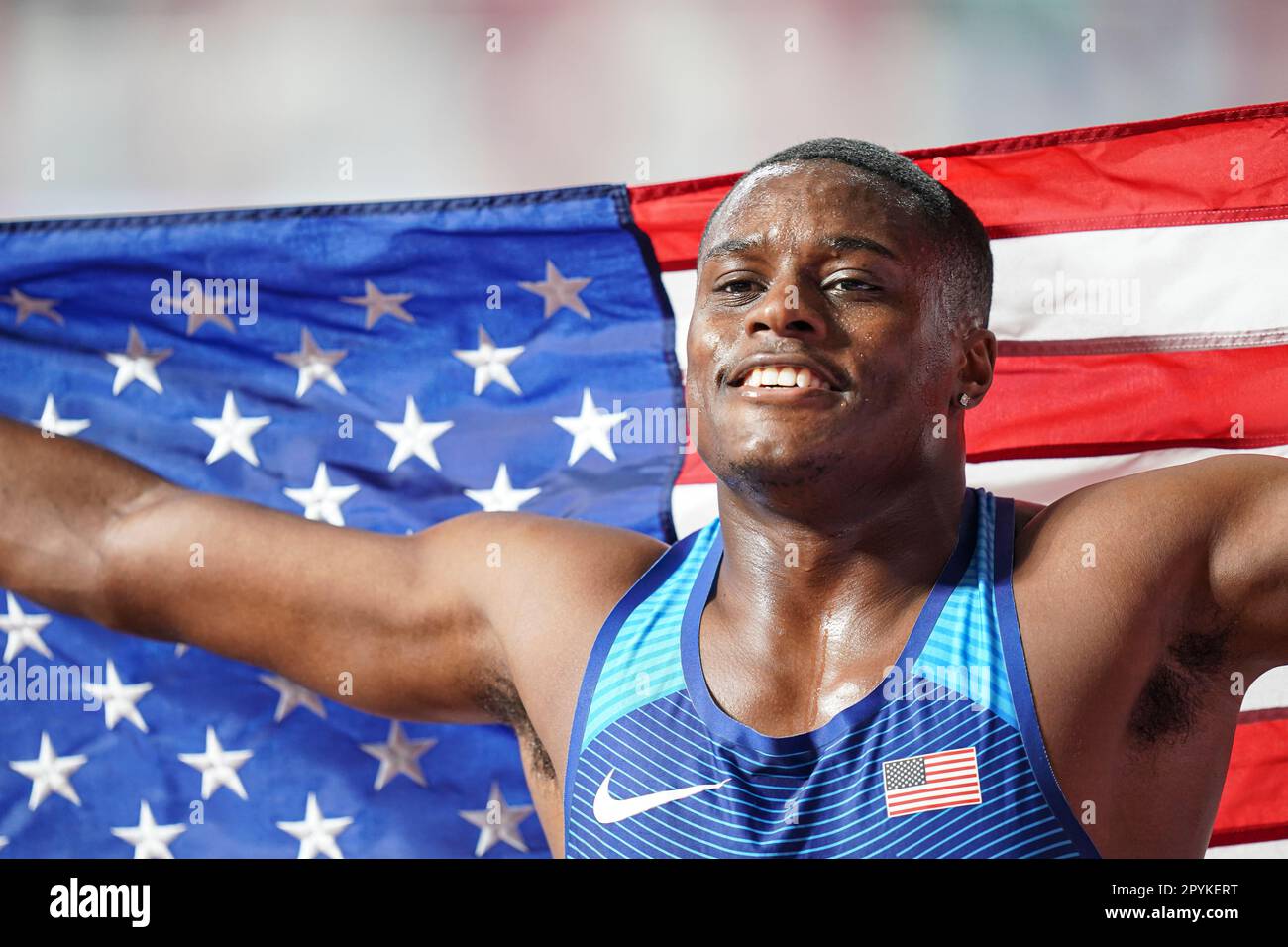 Christian Coleman running the 100m at the 2019 World Athletics ...