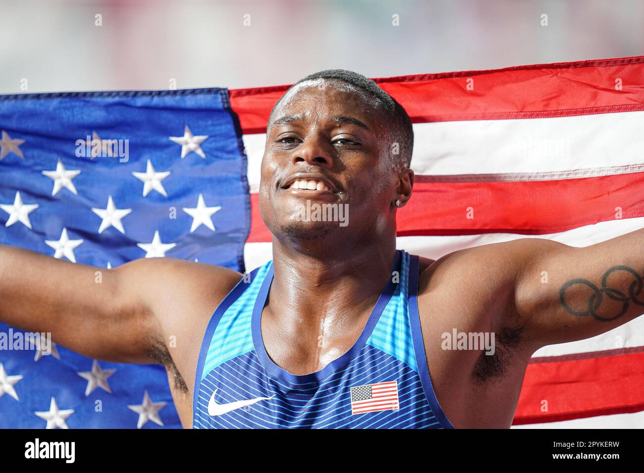 Christian Coleman running the 100m at the 2019 World Athletics ...