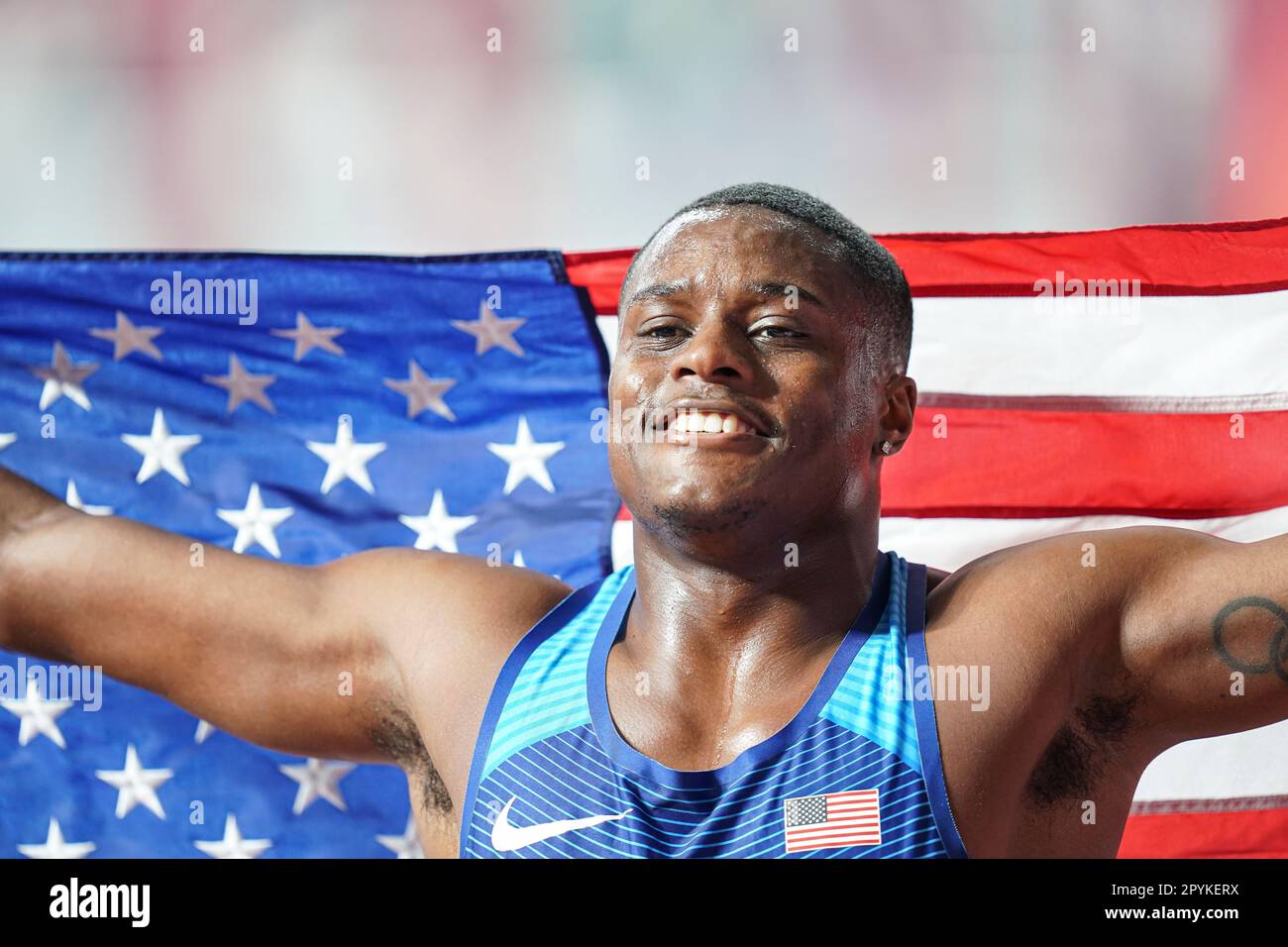 Christian Coleman running the 100m at the 2019 World Athletics ...