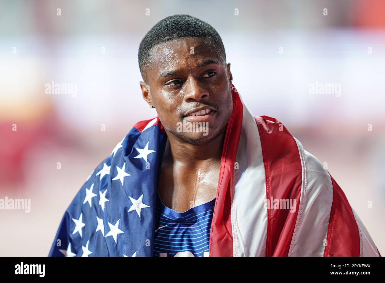 Christian Coleman running the 100m at the 2019 World Athletics ...