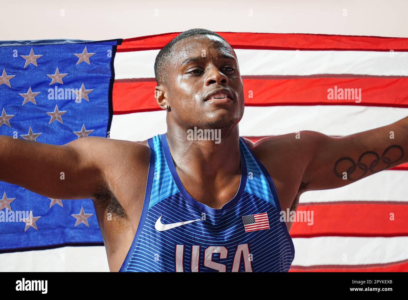 Christian Coleman running the 100m at the 2019 World Athletics ...
