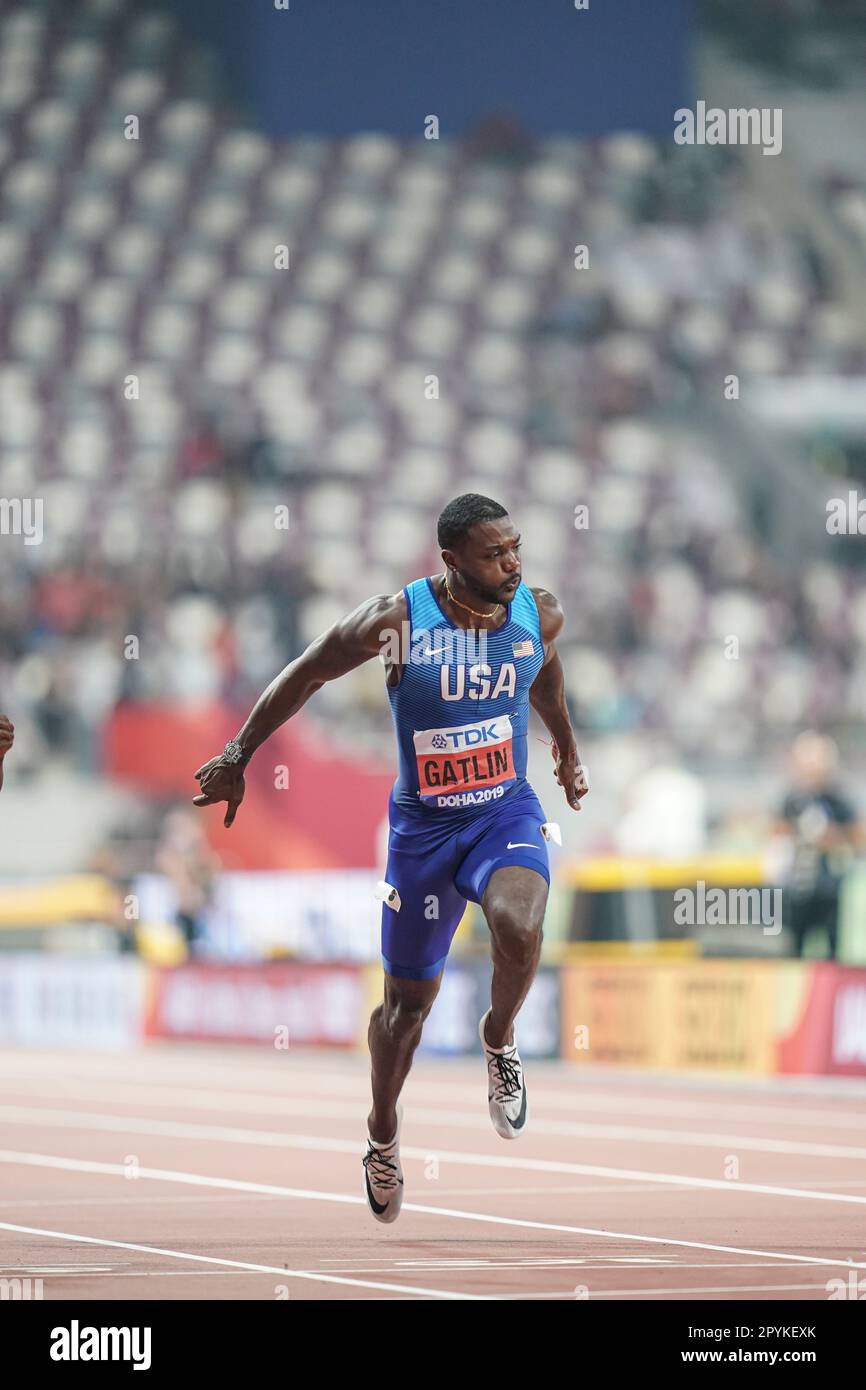 Justin Gatlin running the 100m at the 2019 World Athletics ...