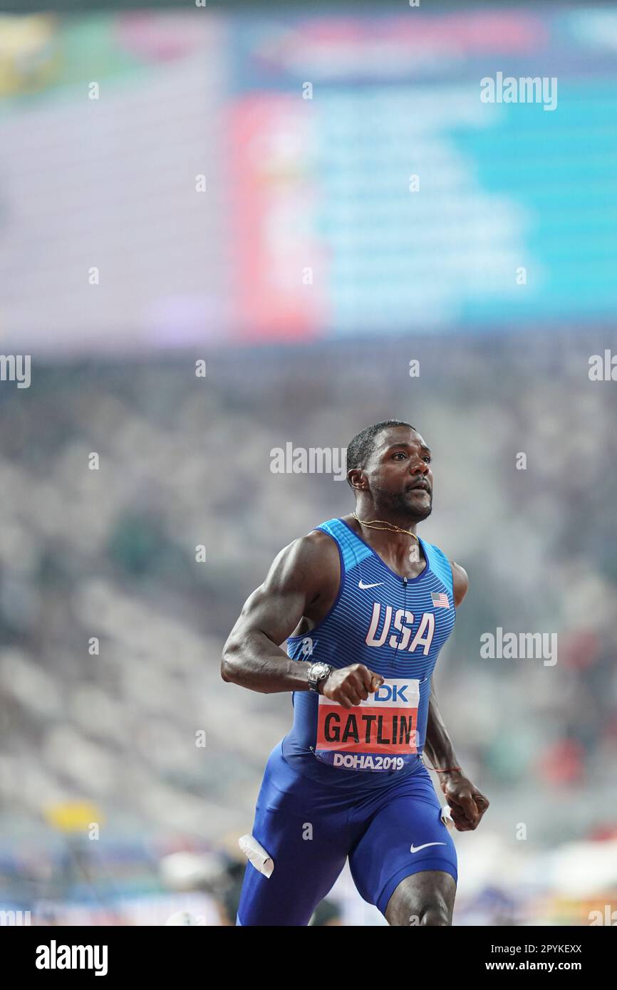 Justin Gatlin running the 100m at the 2019 World Athletics ...