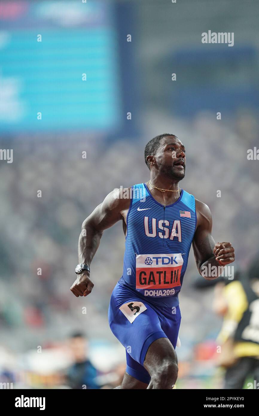 Justin Gatlin running the 100m at the 2019 World Athletics ...