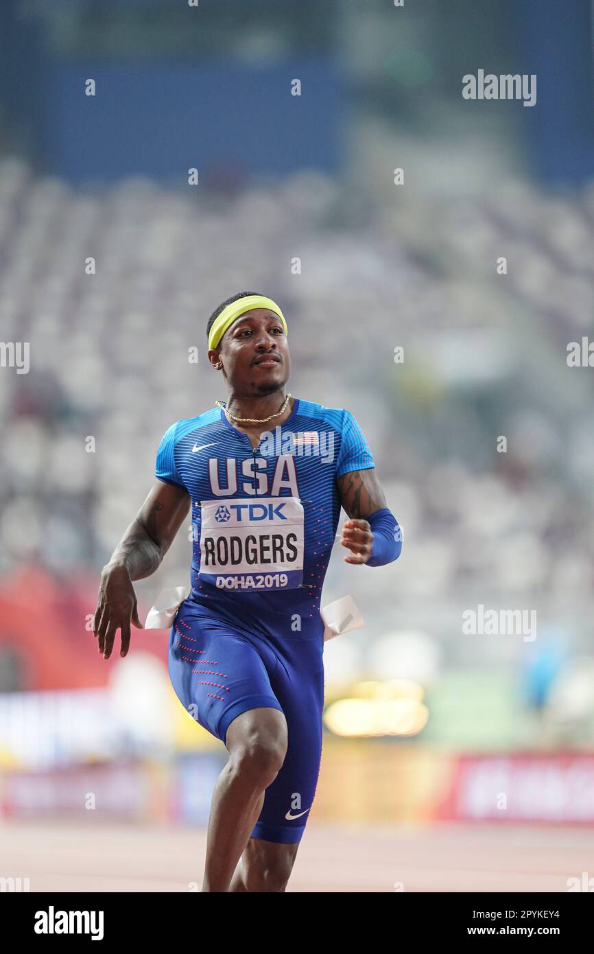 Justin Gatlin running the 100m at the 2019 World Athletics ...