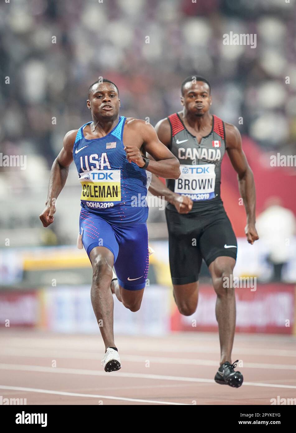 Christian Coleman running the 100m at the 2019 World Athletics ...