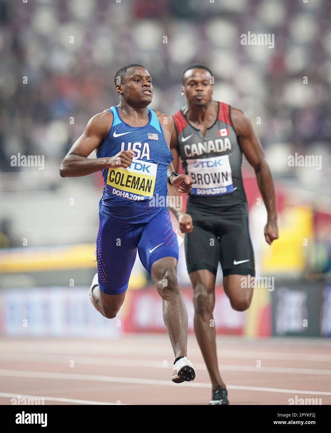 Christian Coleman running the 100m at the 2019 World Athletics ...