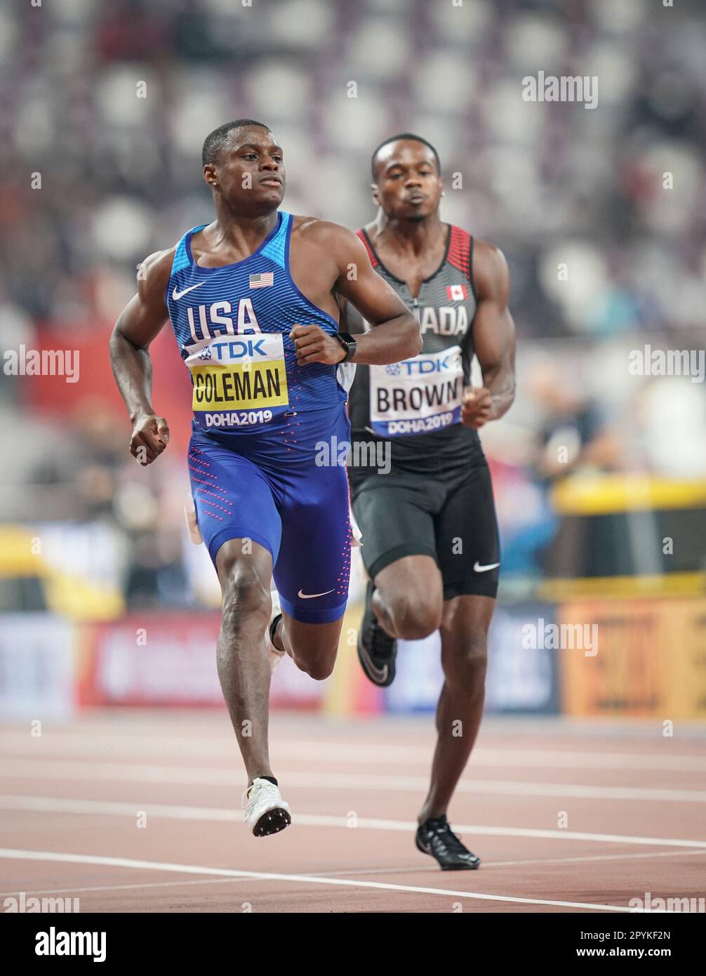 Christian Coleman running the 100m at the 2019 World Athletics ...