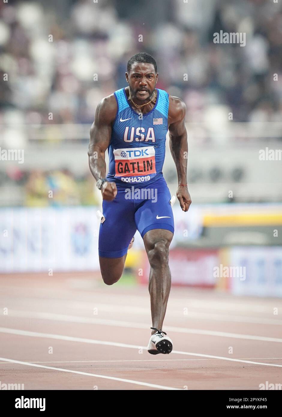 Justin Gatlin running the 100m at the 2019 World Athletics ...