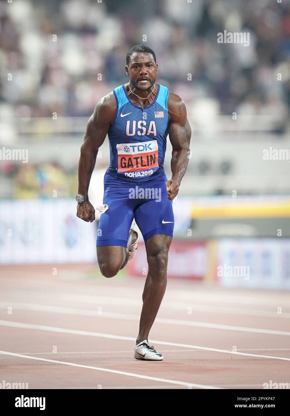 Justin Gatlin running the 100m at the 2019 World Athletics ...