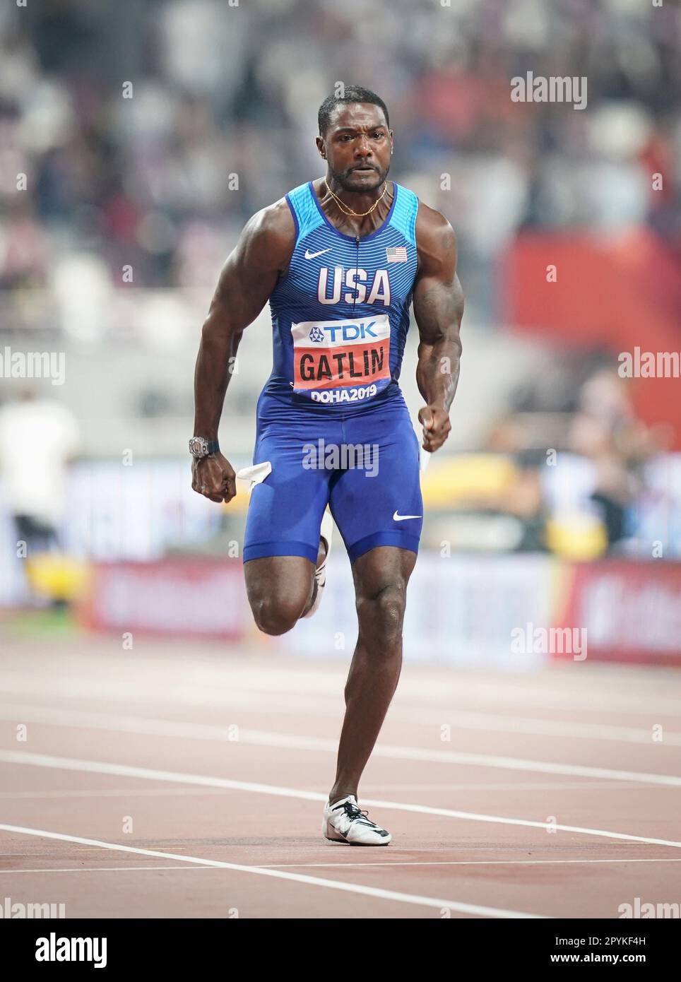 Justin Gatlin running the 100m at the 2019 World Athletics ...