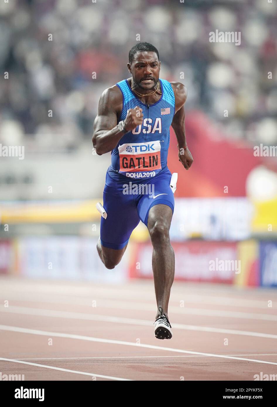 Justin Gatlin running the 100m at the 2019 World Athletics ...