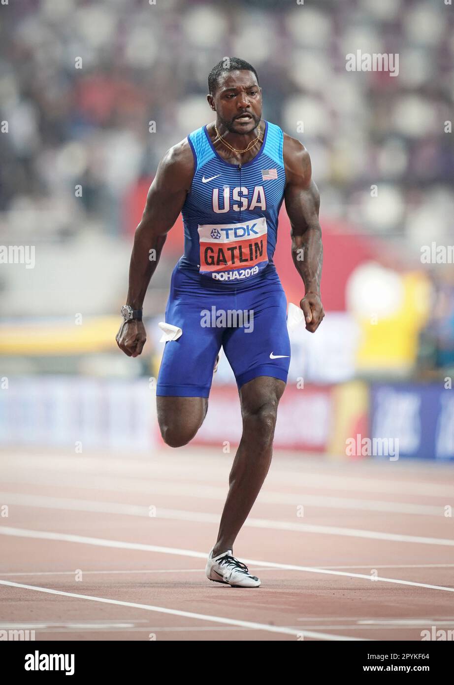 Justin Gatlin running the 100m at the 2019 World Athletics ...