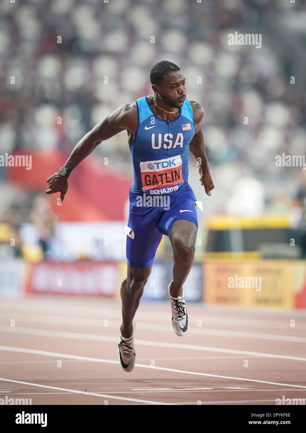 Justin Gatlin running the 100m at the 2019 World Athletics ...