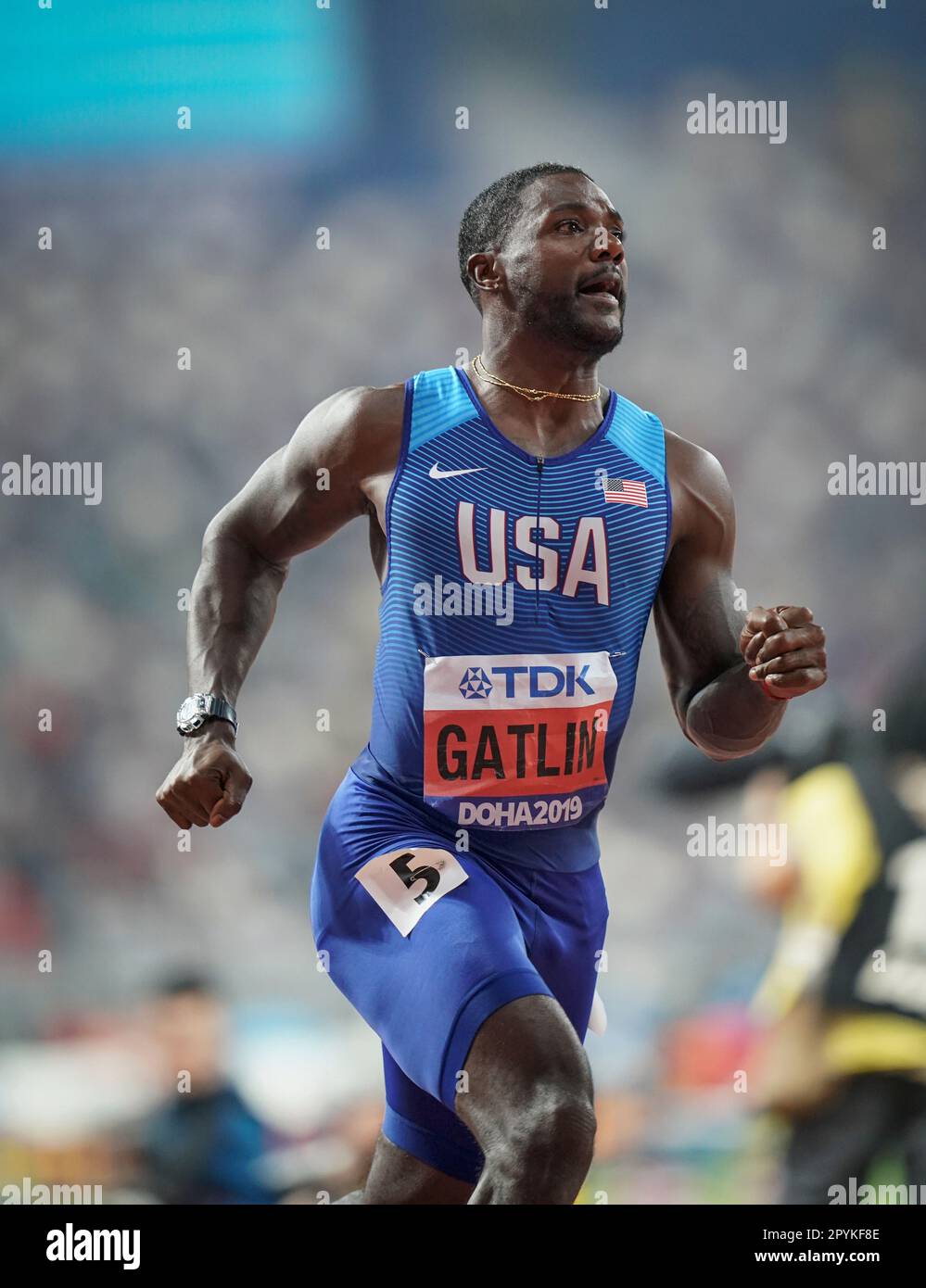 Justin Gatlin running the 100m at the 2019 World Athletics ...