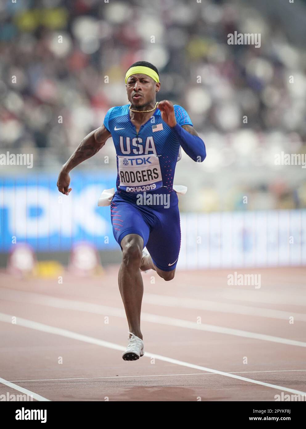Mike Rodgers running the 100m at the 2019 World Athletics Championships ...