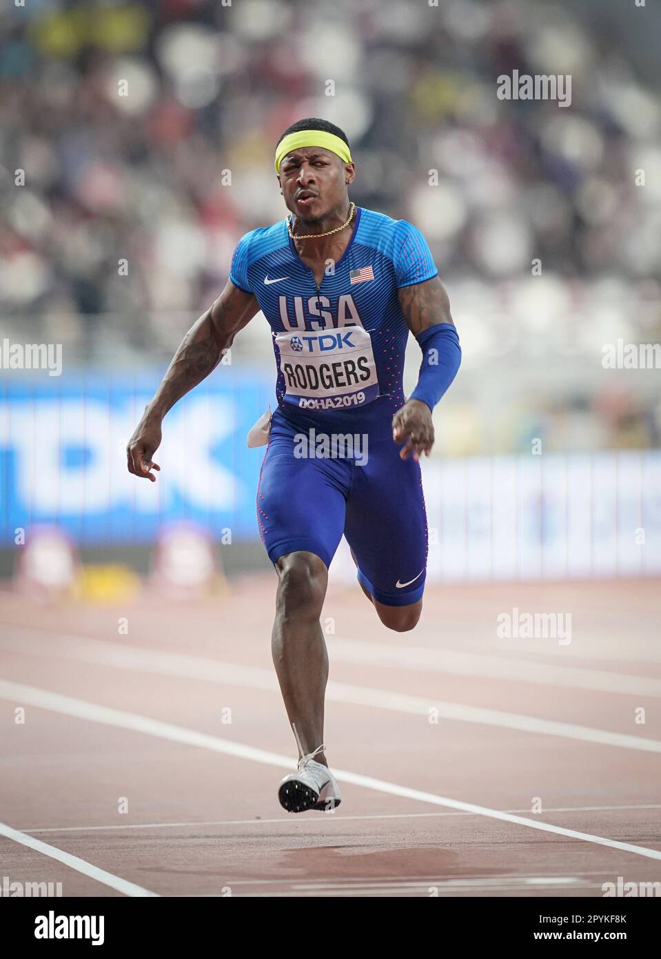 Mike Rodgers running the 100m at the 2019 World Athletics Championships ...