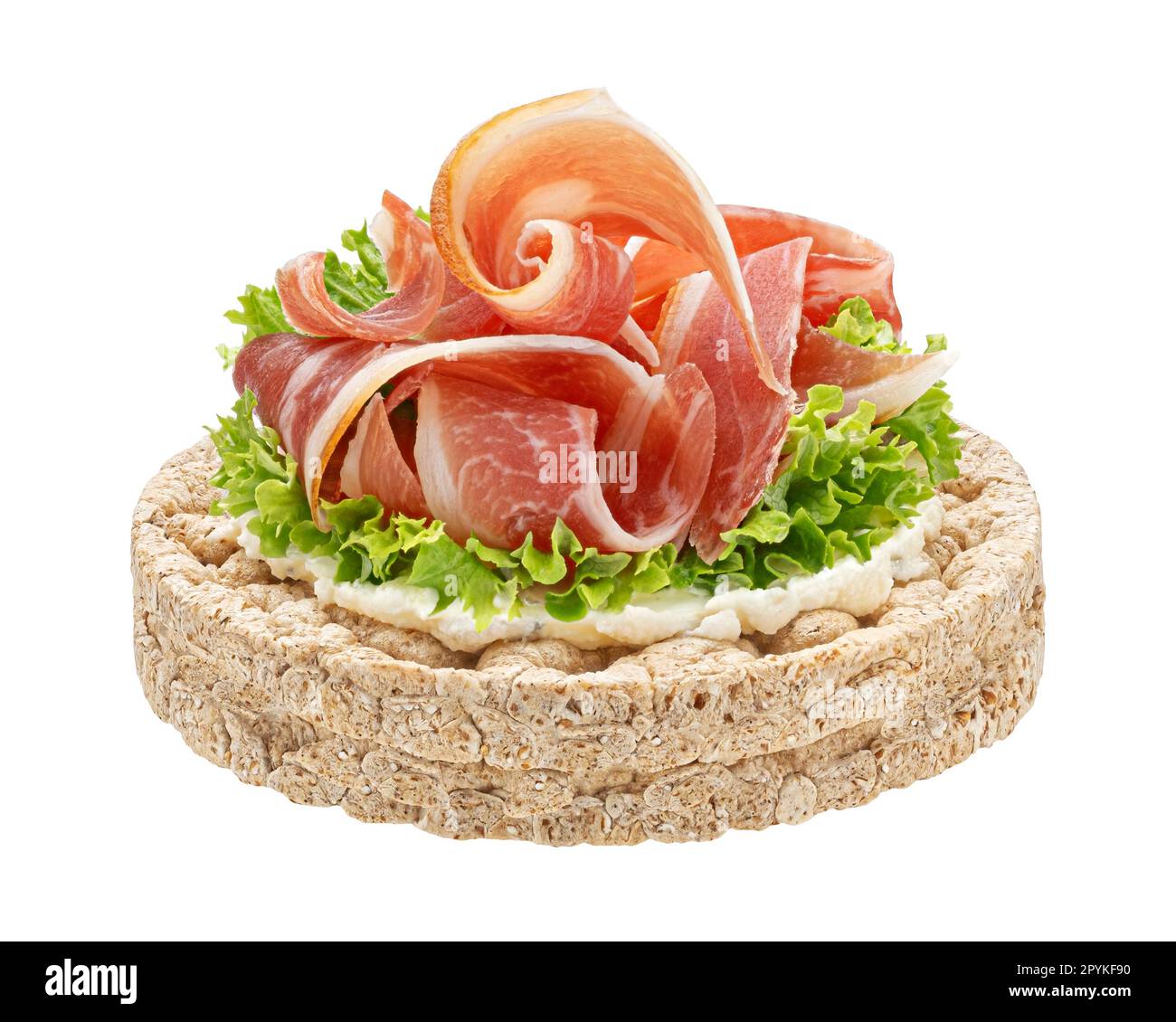 Puffed rice cake with smoked bacon slices isolated on white background ...