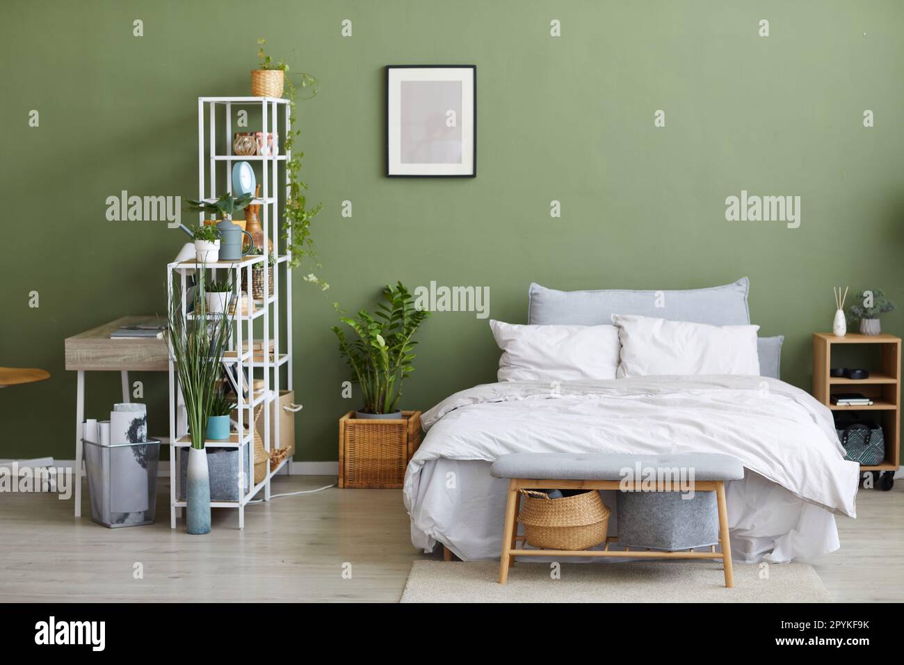 Horizontal image of modern bedroom with comfortable bed and ...