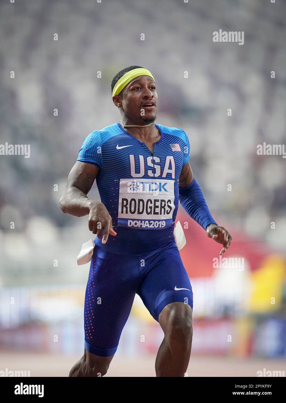 Mike Rodgers running the 100m at the 2019 World Athletics Championships ...