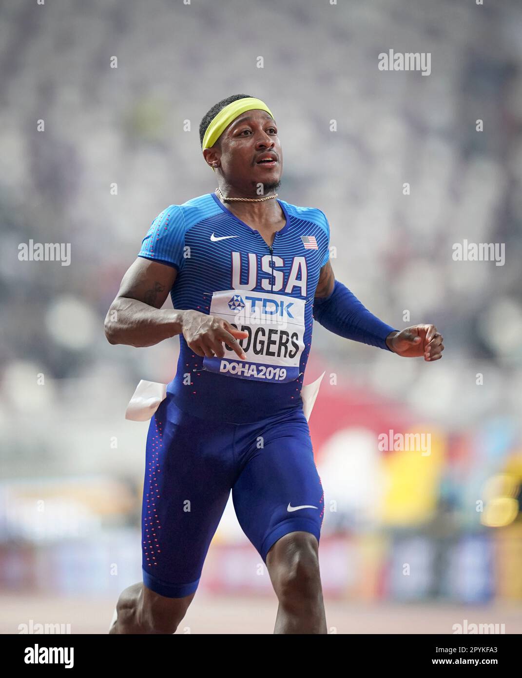 Mike Rodgers running the 100m at the 2019 World Athletics Championships ...