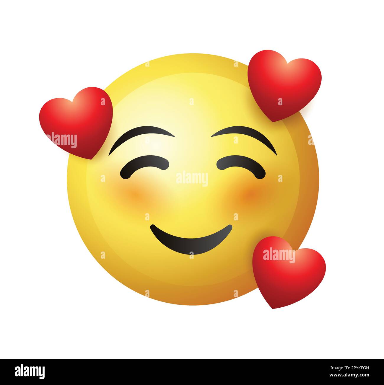 High quality emoticon on white background. Emoji blushing in love with red hearts. Yellow face ...