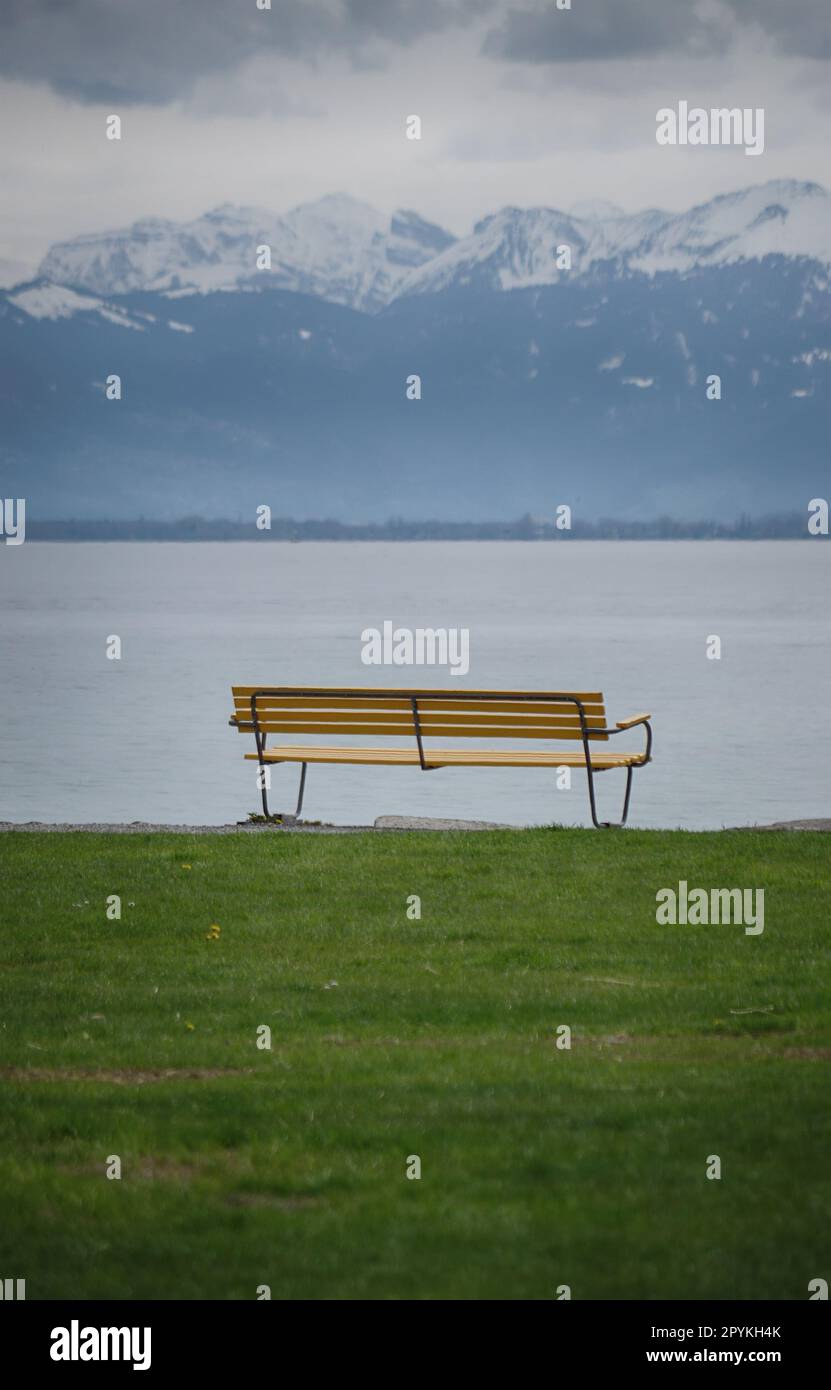 yellow bench over Lake Constance in Switzerland Stock Photo - Alamy