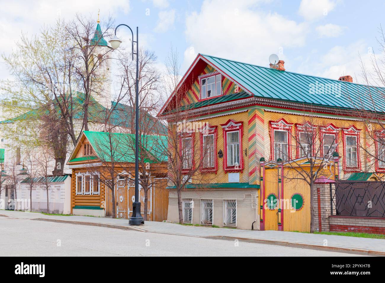 Old Tatar Sloboda street view with colorful old residential houses and ...
