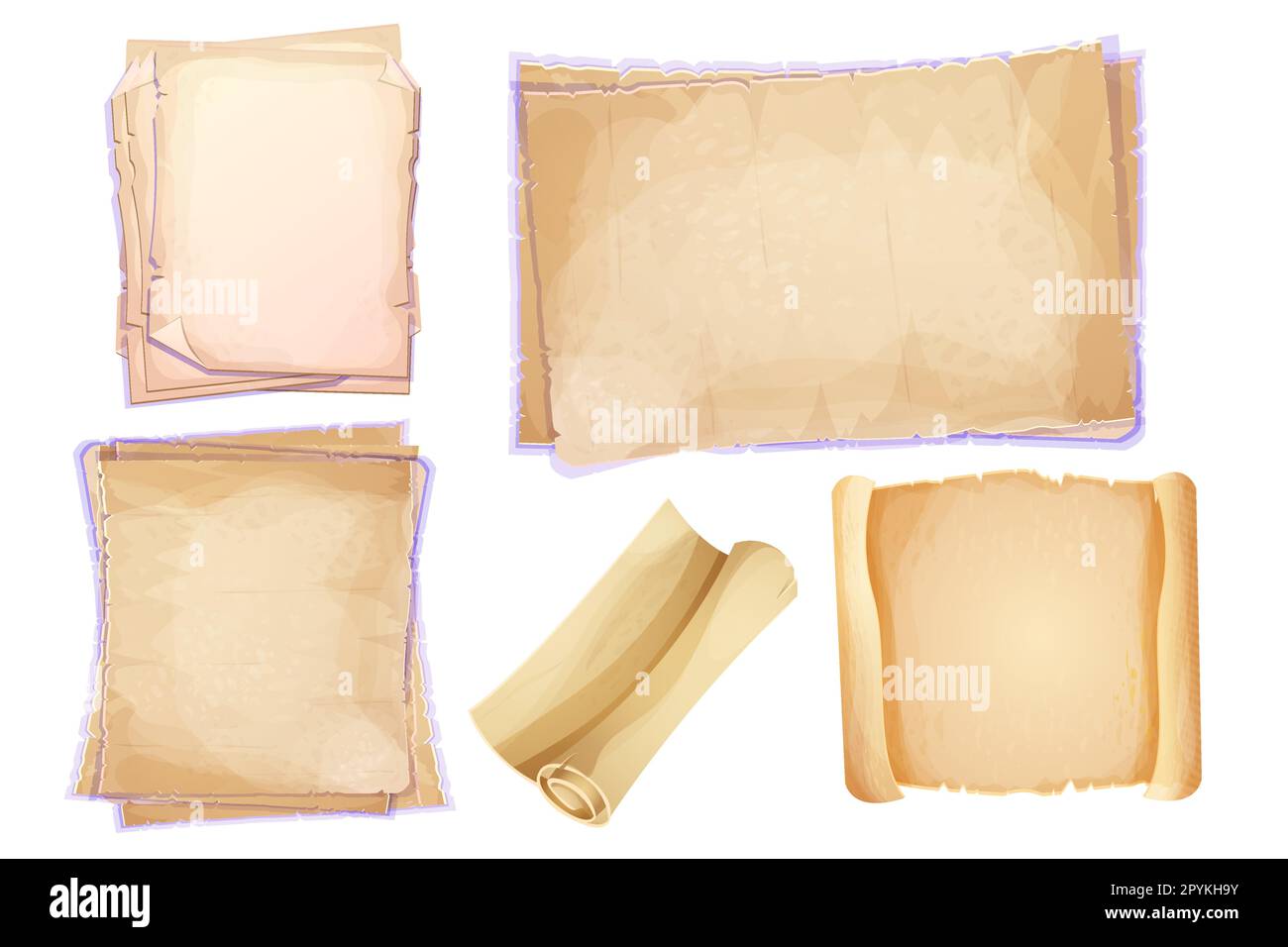 Set parchment, scroll papyrus, antique paper blank in cartoon style isolated on white background ...
