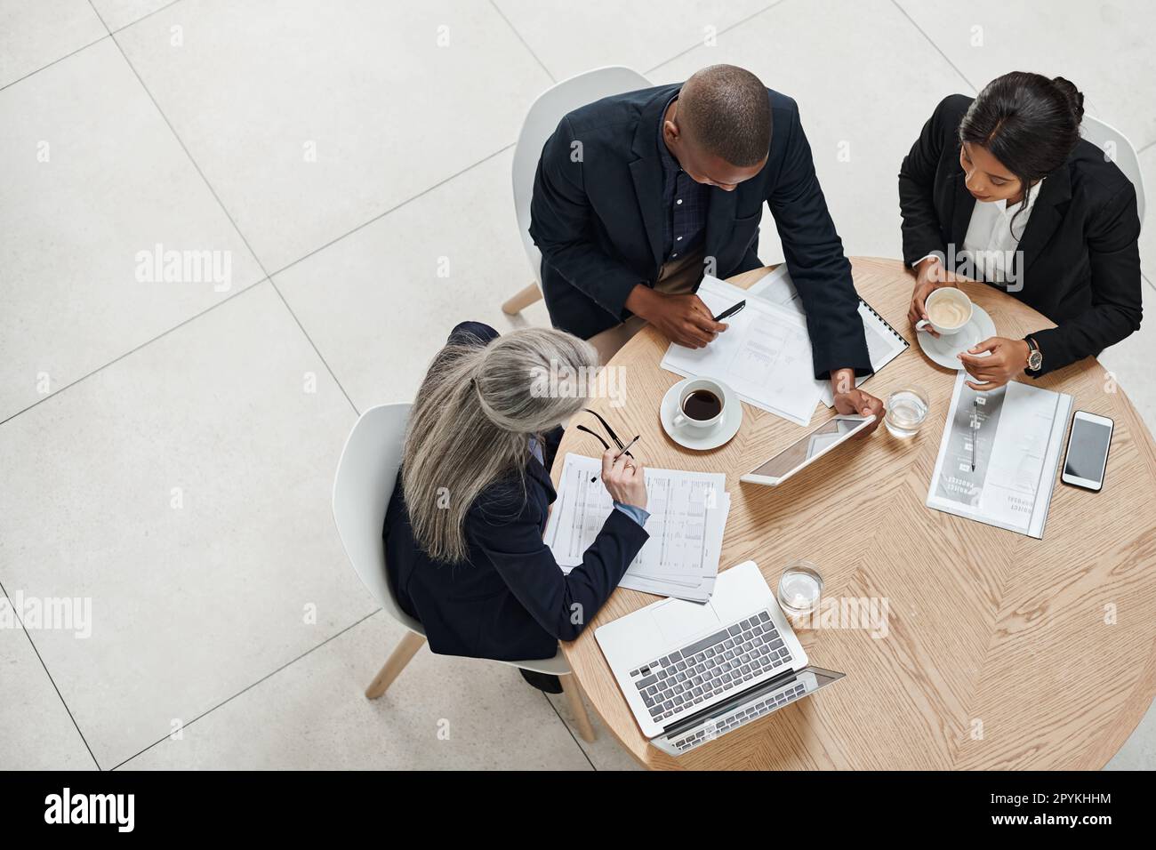 Top view, staff and group with teamwork, meeting and collaboration for ...