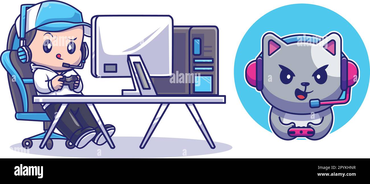 Free vector cute boy playing game on computer cartoon vector icon ...