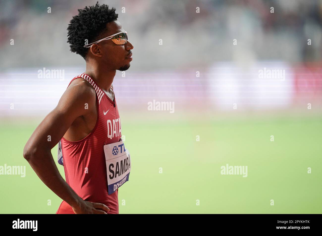 Abderrahman Samba running the 400m hurdles at the 2019 World Athletics ...