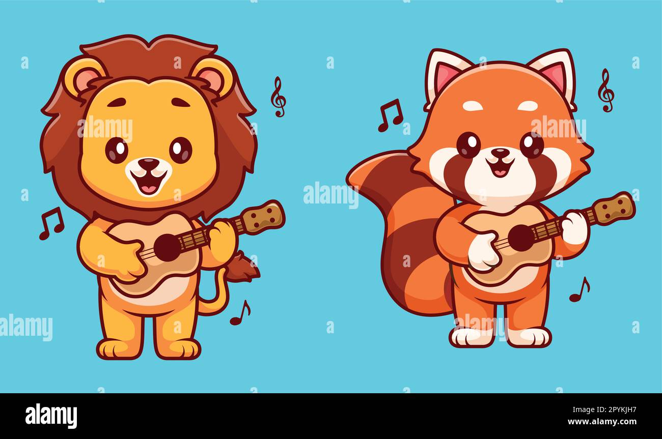 Cute lion playing guitar cartoon vector icon illustration. animal music ...
