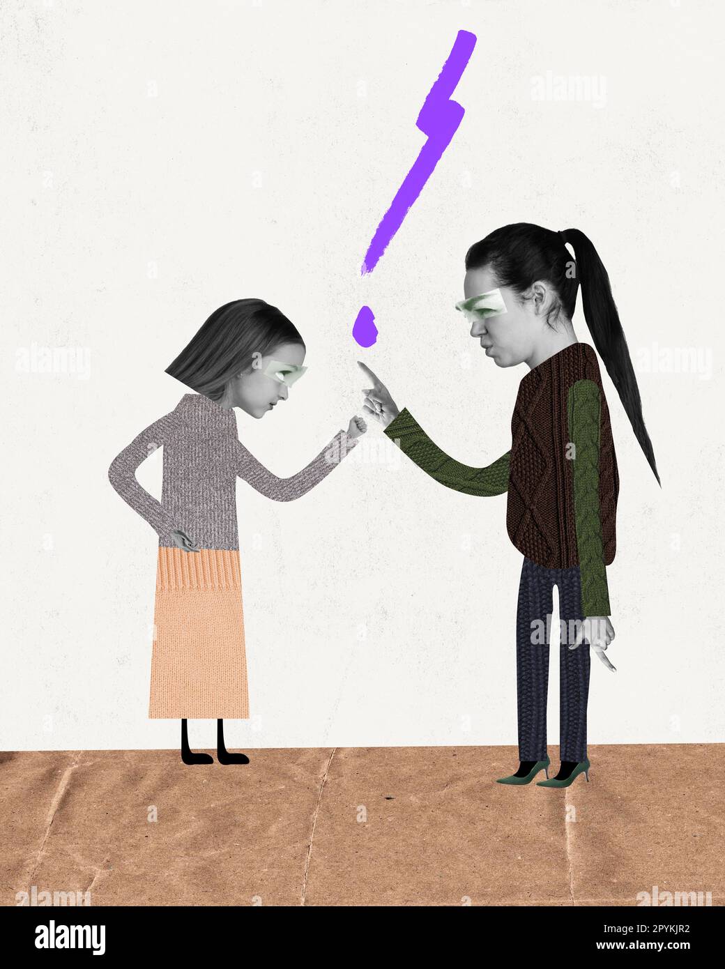 Contemporary art collage with angry mother moralizing little sad girl ...