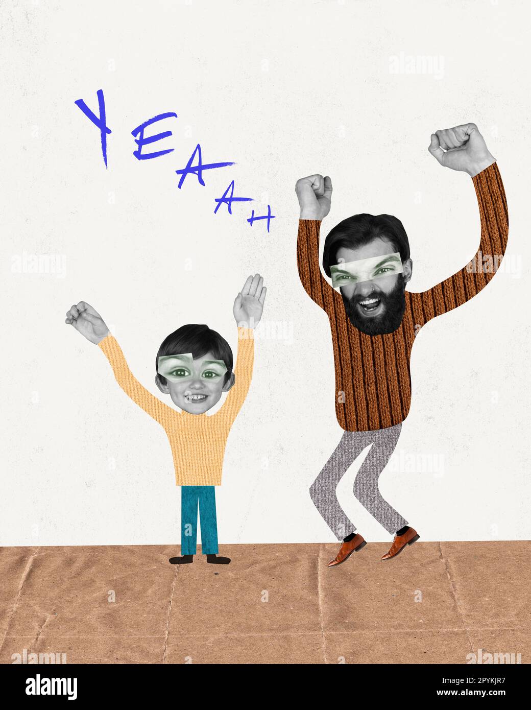 Contemporary art collage with man, father and boy, son rejoices with ...