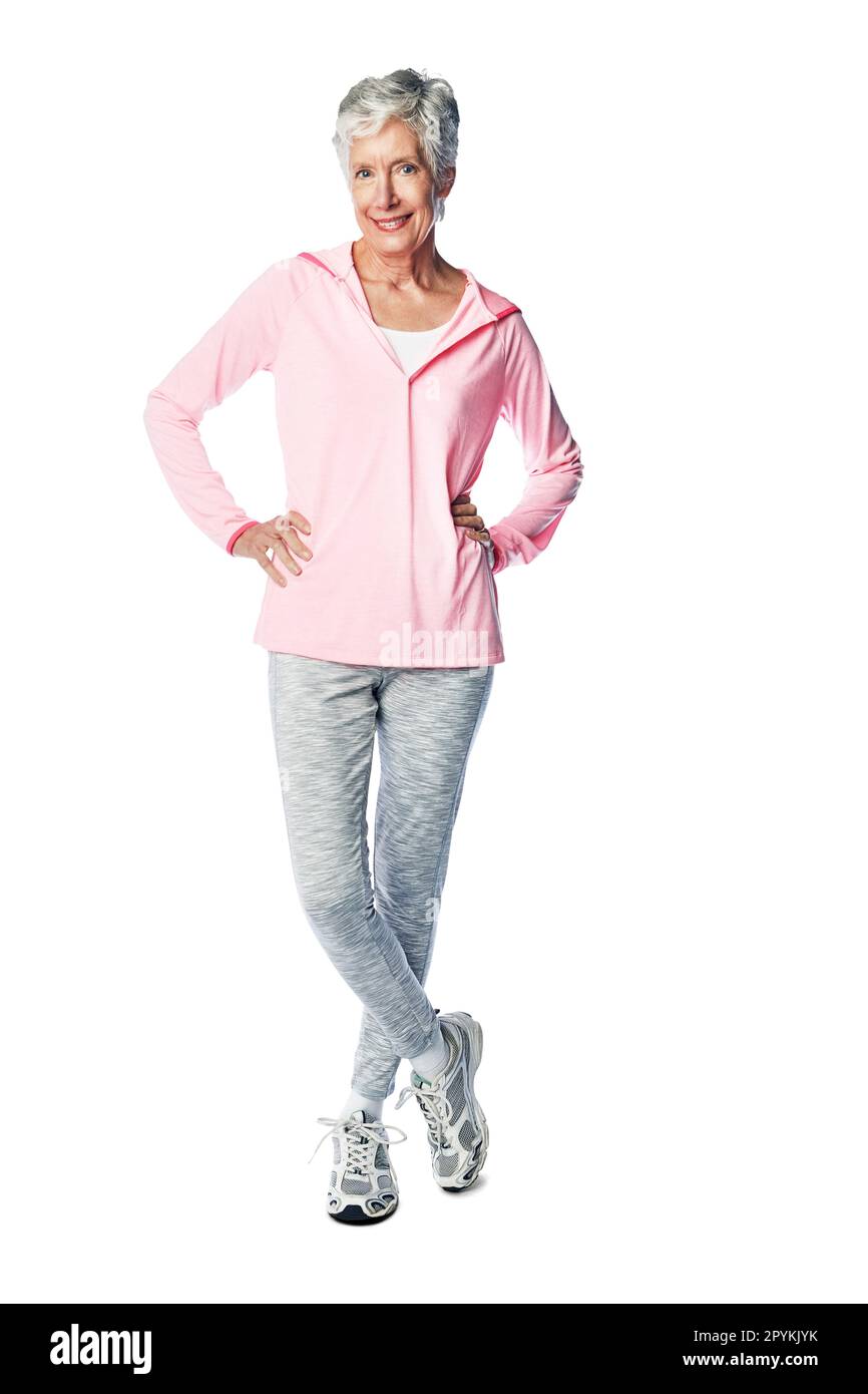 Isolated senior woman, portrait and workout in retirement with smile ...