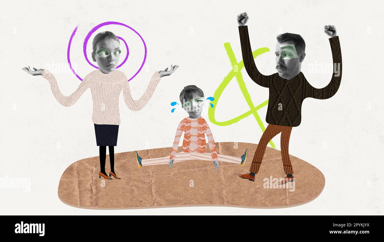 Contemporary art collage with funny family, crying boy, father, mother ...